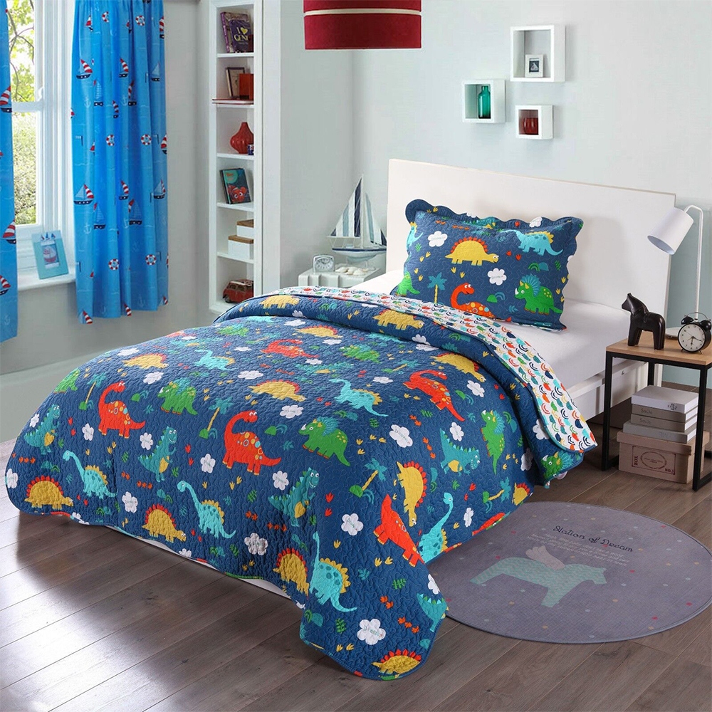 100 Cotton Kids Quilt Bedspread Comforter Set Throw Dinosaur Twin 68 x 83 Blue